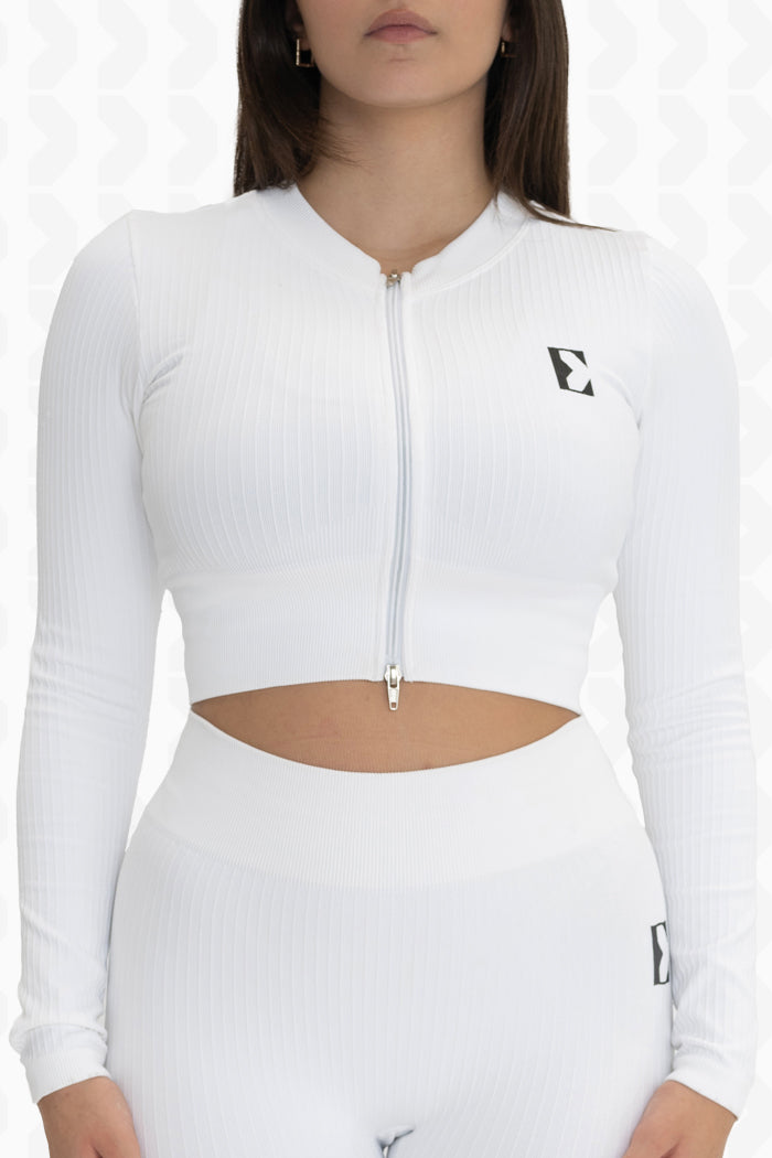 White Ribbed Zipper Jacket - Stylish Outerwear | Pulse Fitness Wear